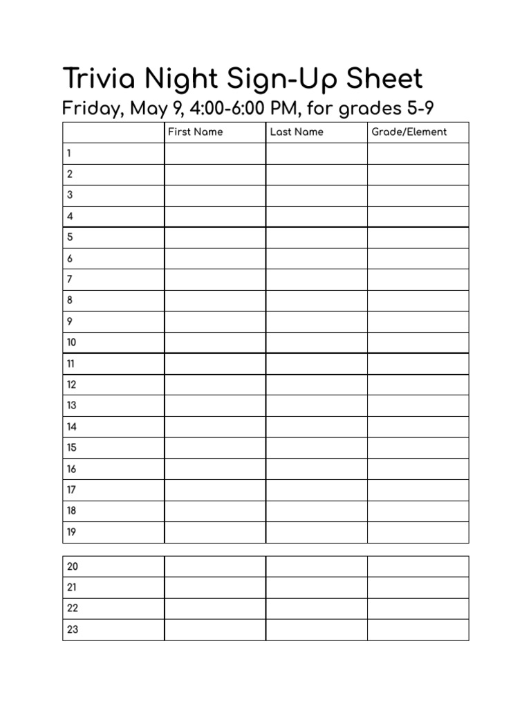 Trivia Night Sign-Up Sheet | PDF
