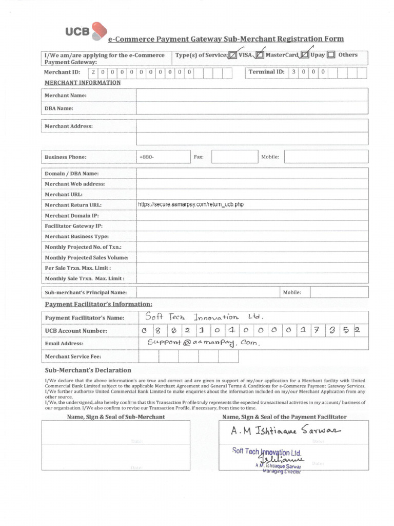 UCB Sub Merchent Reg Form v1 | PDF