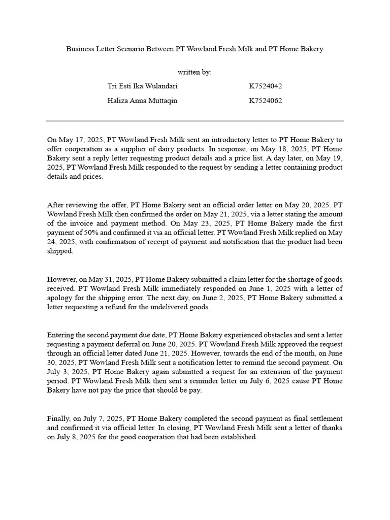 Business Letter Scenario Between PT Wowland Fresh Milk and PT Home ...