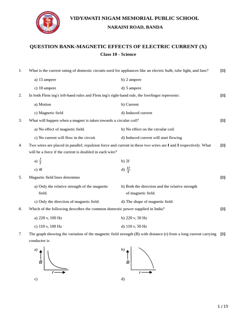 Class 10 Magnetic Effects Question Bank | PDF | Magnetic Field | Force