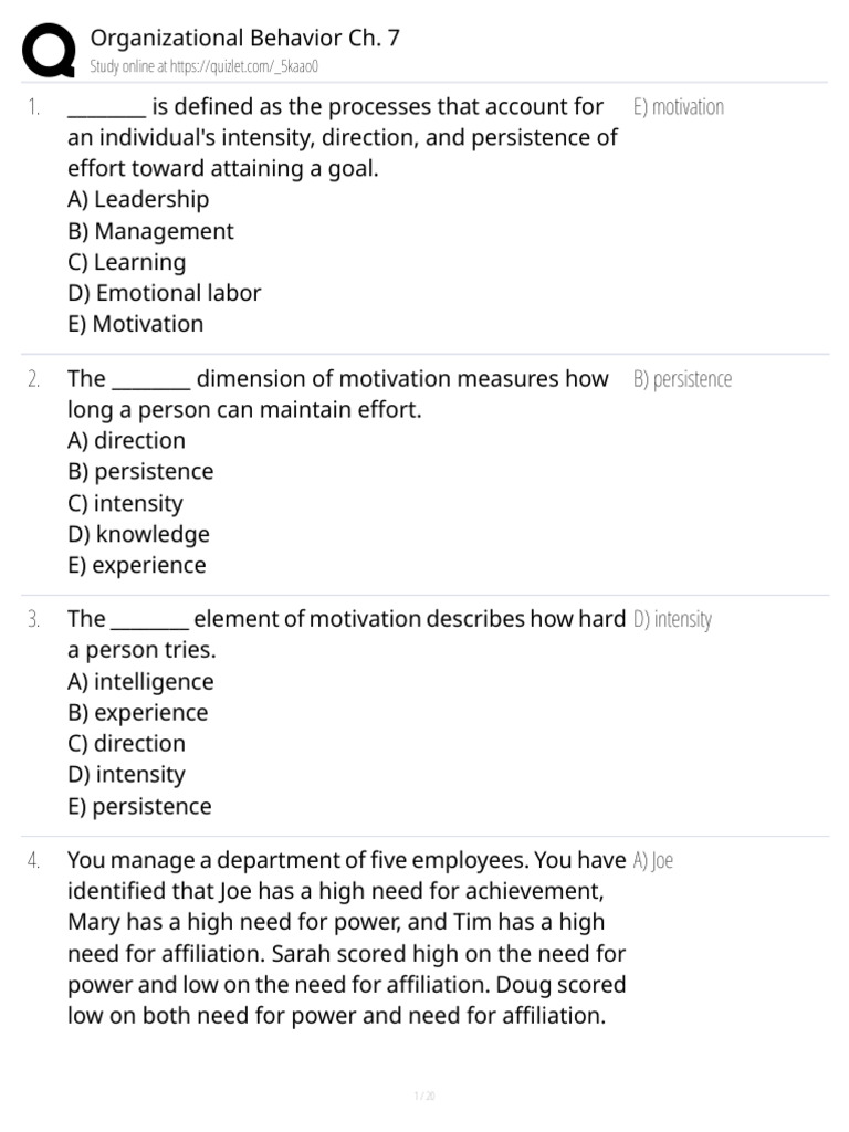 Organizational Behavior Ch. 7 Flashcards - Quizlet | PDF | Motivational | Motivation