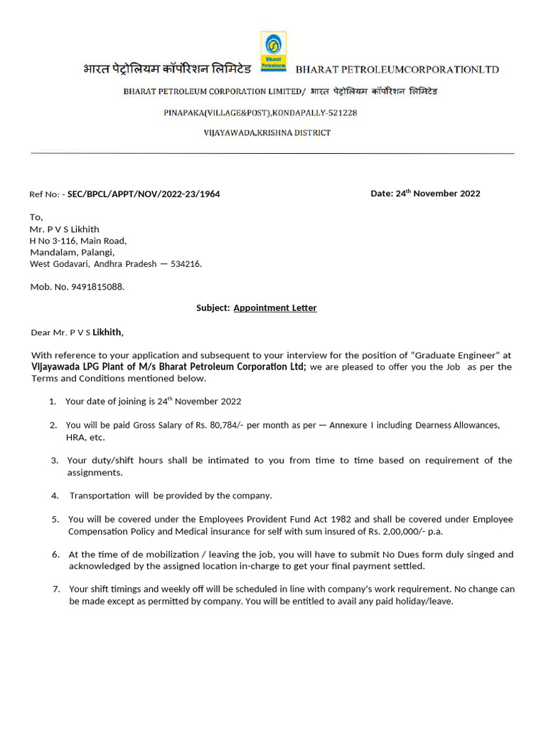 P V S Likith Appt BPCL | PDF