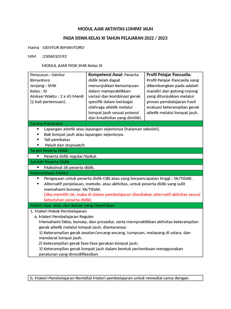 Modul Ajar Aktivitas Lompat Jauh Gentur Kelas Xi | PDF