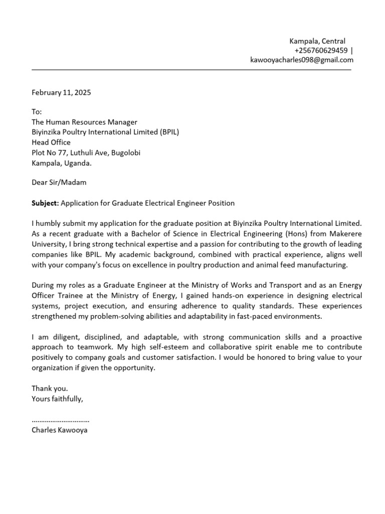 Kawooya Charles Application Letter BPIL | PDF
