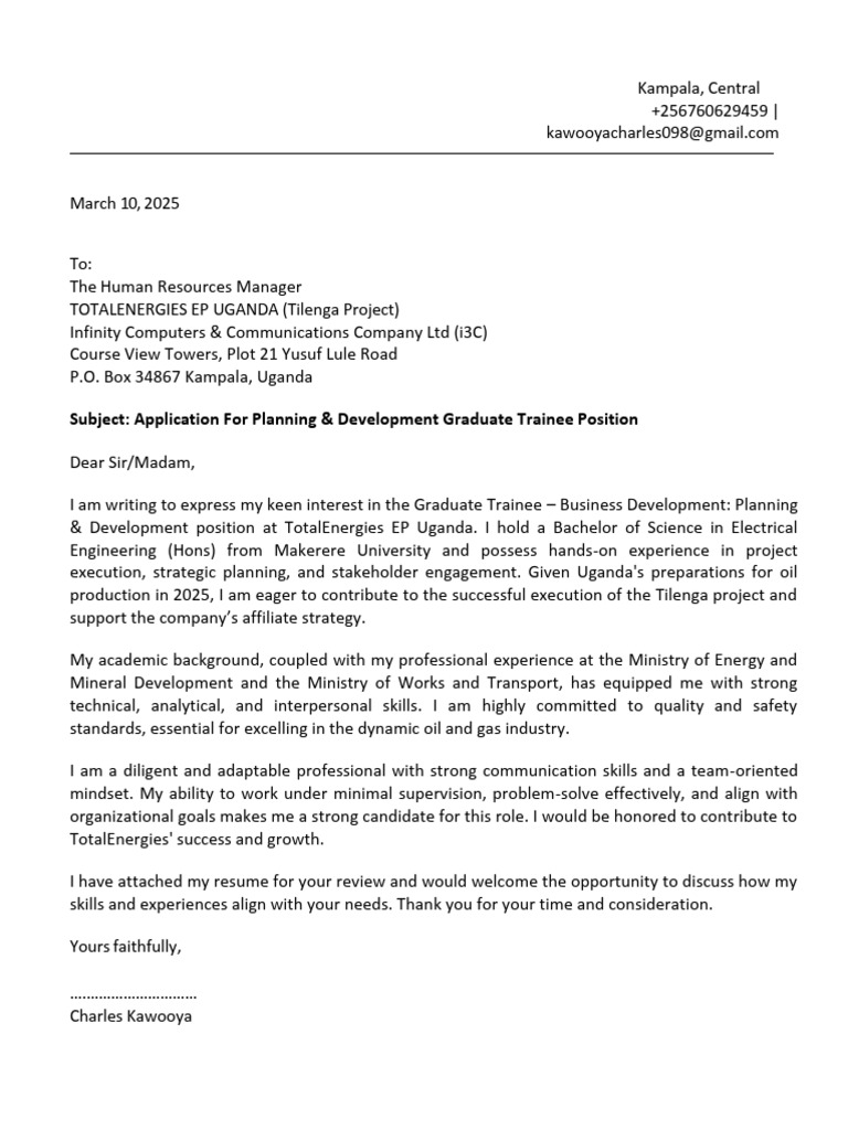 Kawooya Charles Application Letter @TOTALENERGIES | PDF