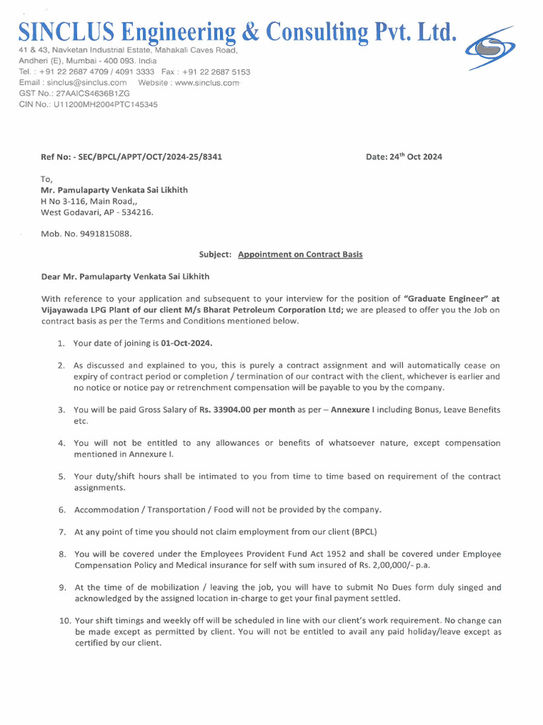 Appointment Letter - Pamulaparty Venkata Sai Likhith | PDF