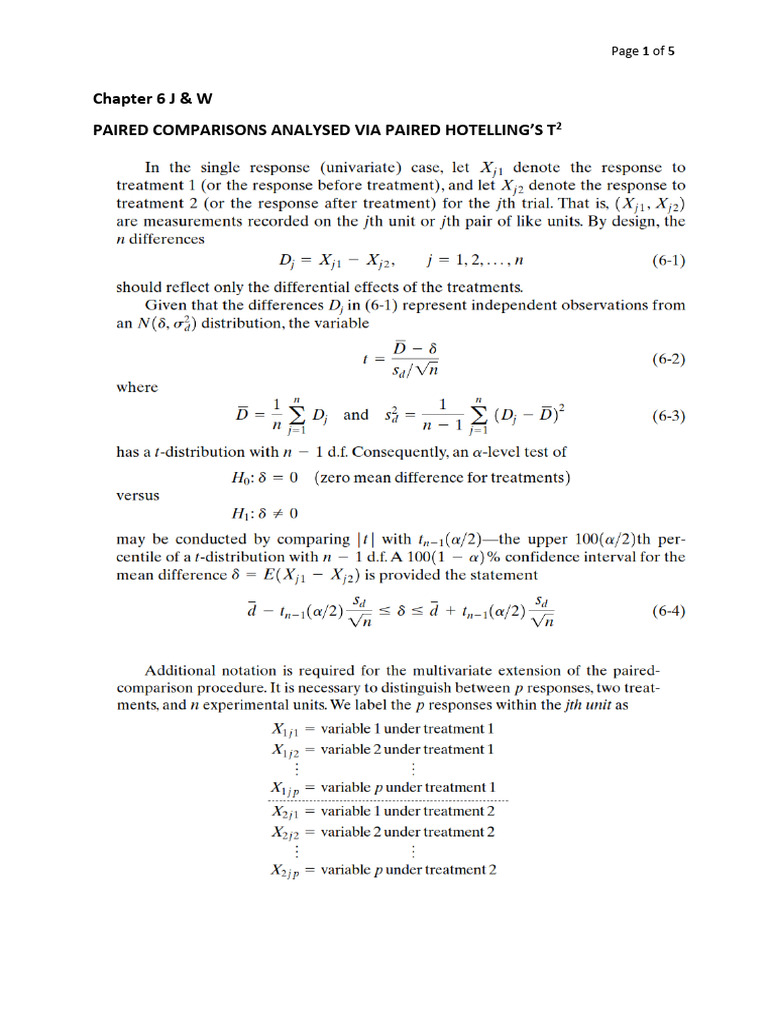FInal ILH Chapter 6 Paired Hotelling T Squared J & W | PDF
