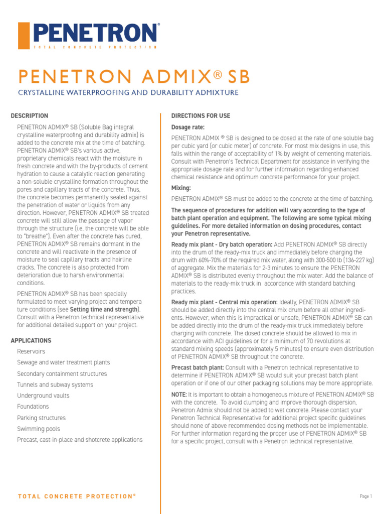 PENETRON-ADMIX-SB-data-sheet Crystaline Admix | PDF | Concrete | Materials