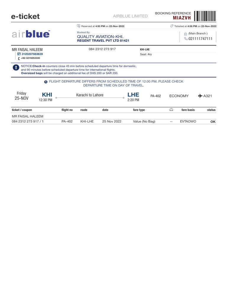 Airblue E-Ticket Details for KHI-LHE | PDF