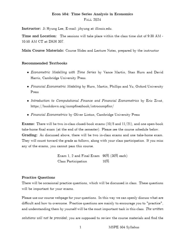 ECON 504 Time Series Analysis in Econ-Lee-Fall 2024 | PDF | Time Series | Statistics