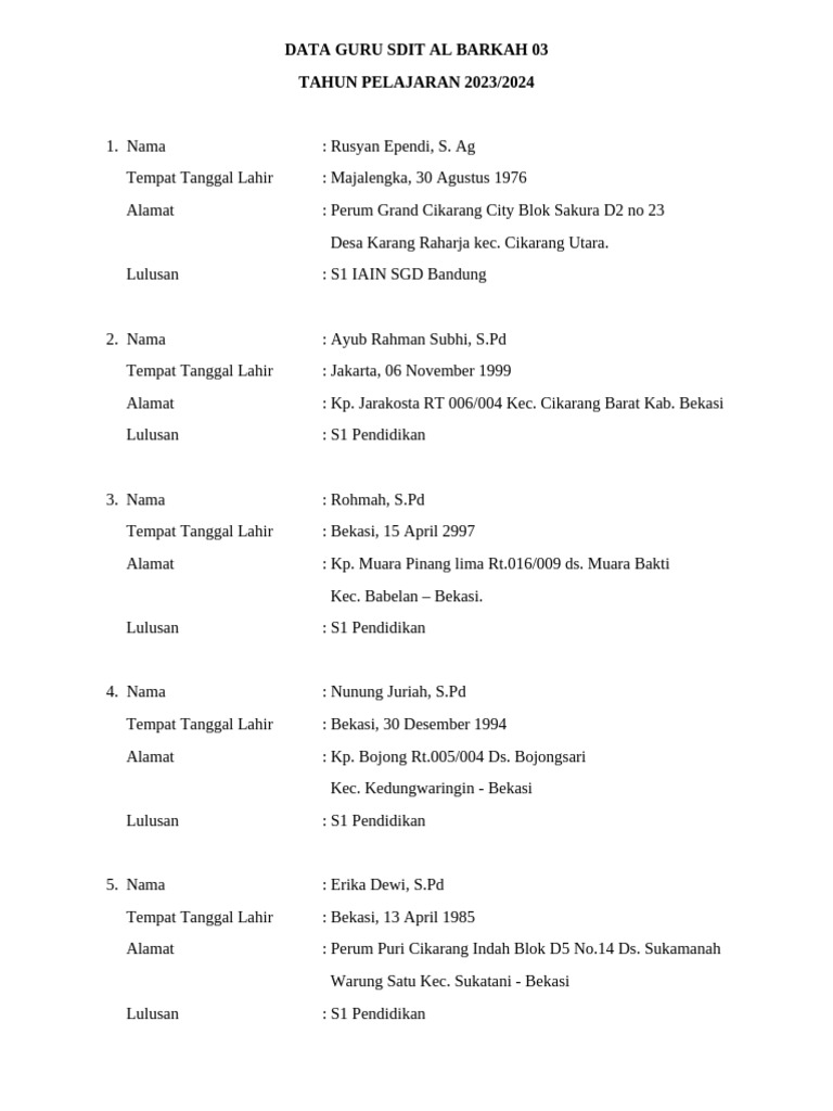 Data Guru Sdit Al Barkah 03 | PDF