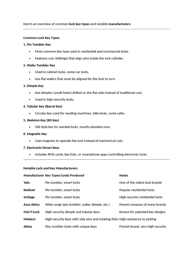 Overview of Lock Key Types | PDF
