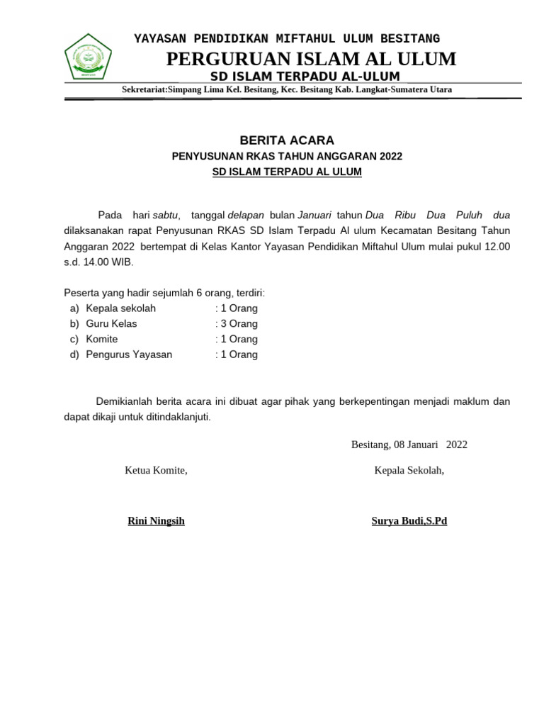 Berita Acara & Daftar Hadir rkas 2022 | PDF