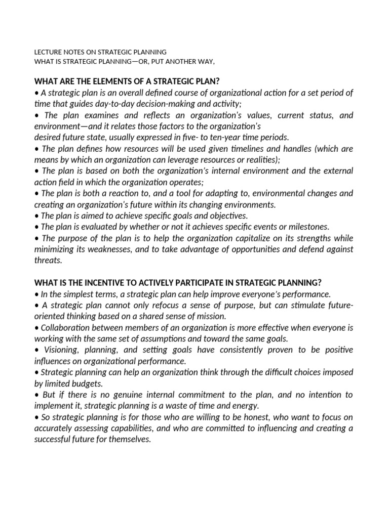 Strategic Planning Lecture Notes | PDF | Strategic Planning | Goal