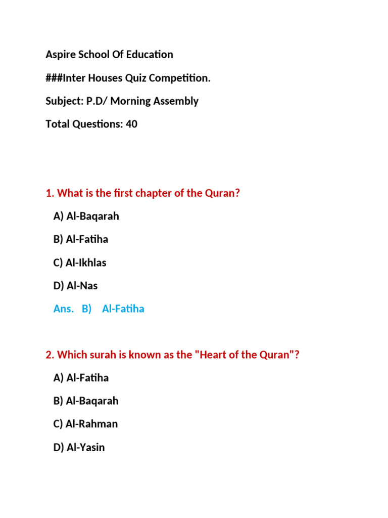 Quiz Competition PD Questions | PDF | Kashmir | Prophets And Messengers ...
