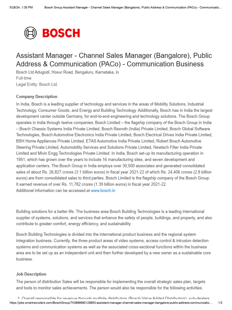 Bosch Group Assistant Manager - Channel Sales Manager (Bangalore ...