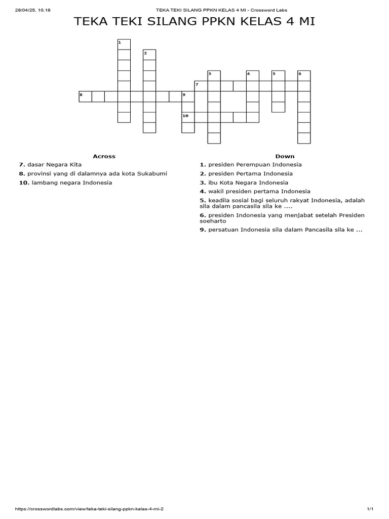 TEKA TEKI SILANG PPKN KELAS 4 MI - Crossword Labs | PDF