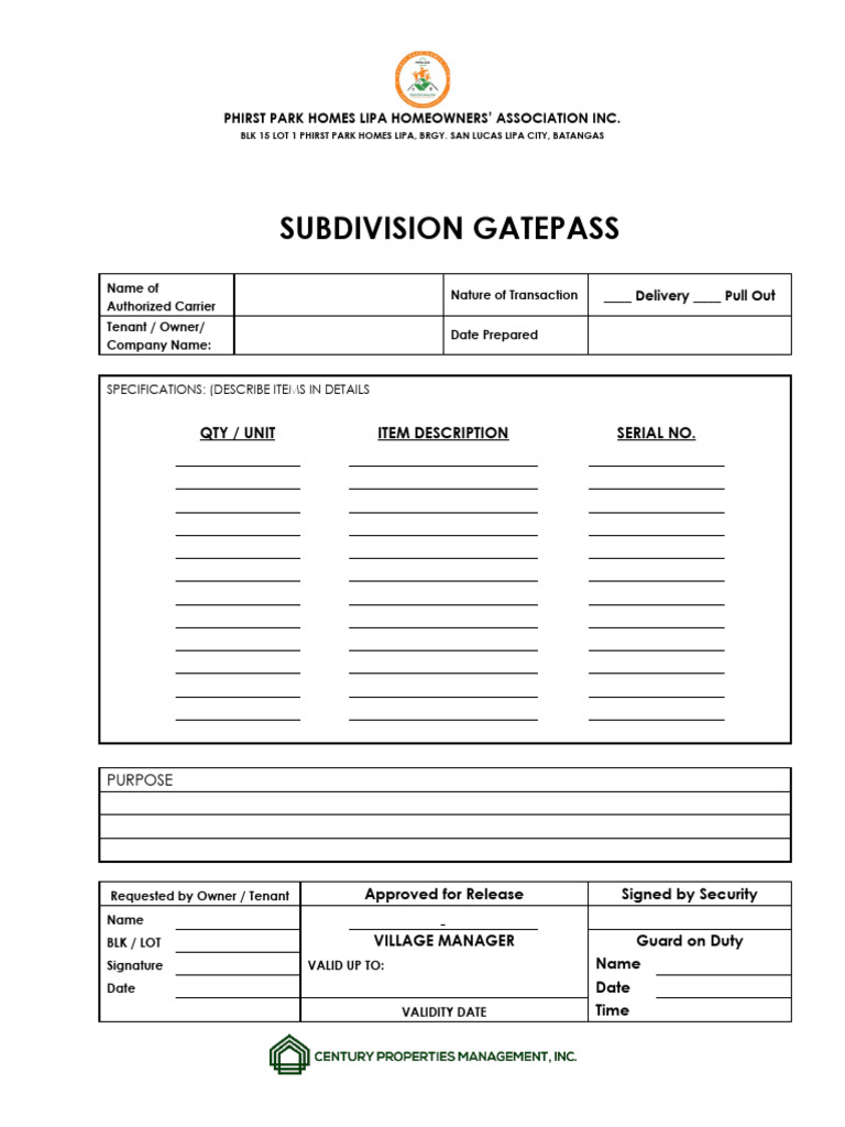 Subdivision Gate Pass Format | PDF