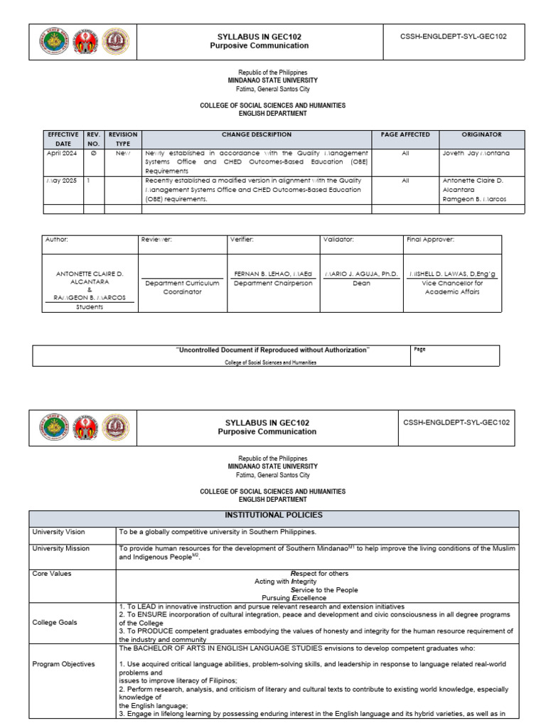 GEC102 Syllabus: Purposive Communication | PDF | Communication ...