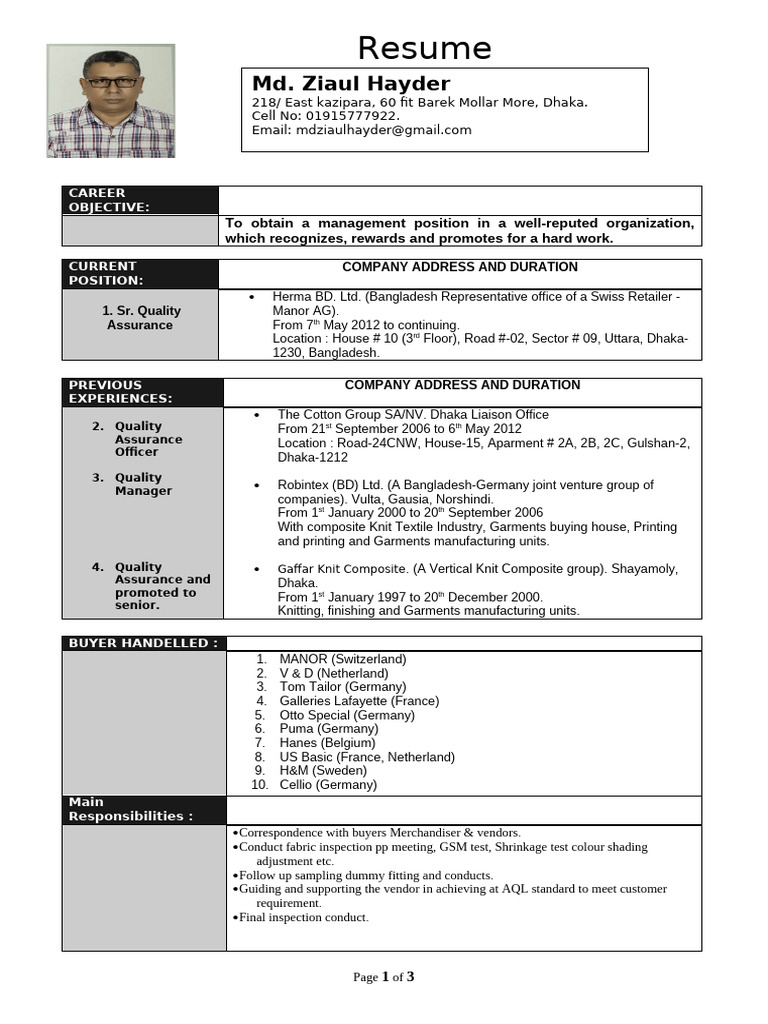 CV of Md. Ziaul Hayder - Updated | PDF | Textiles