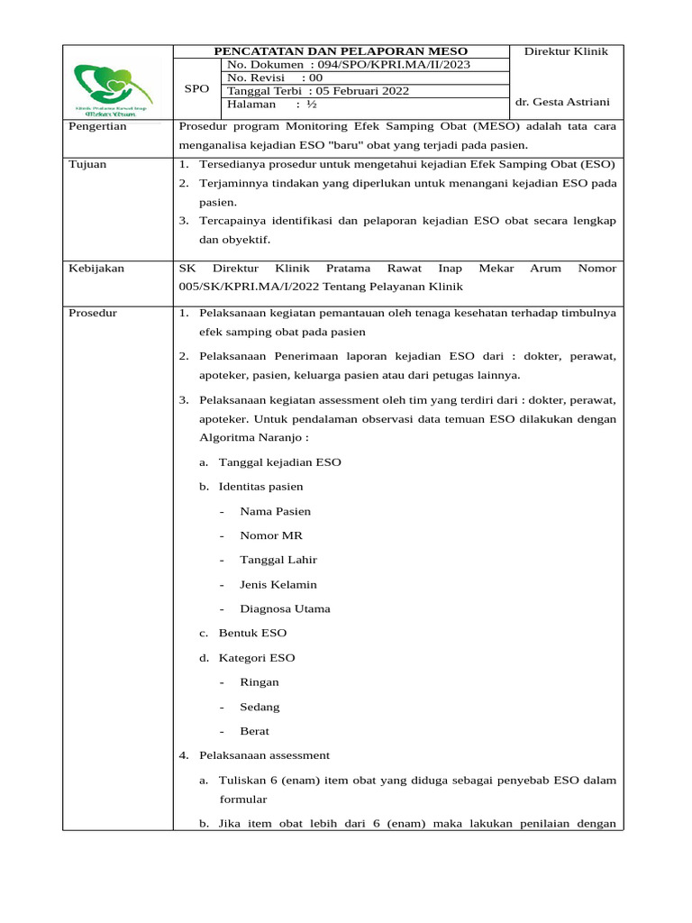 SOP PENCATATAN DAN PELAPORAN MESO REVISI (1) Fix Edit | PDF