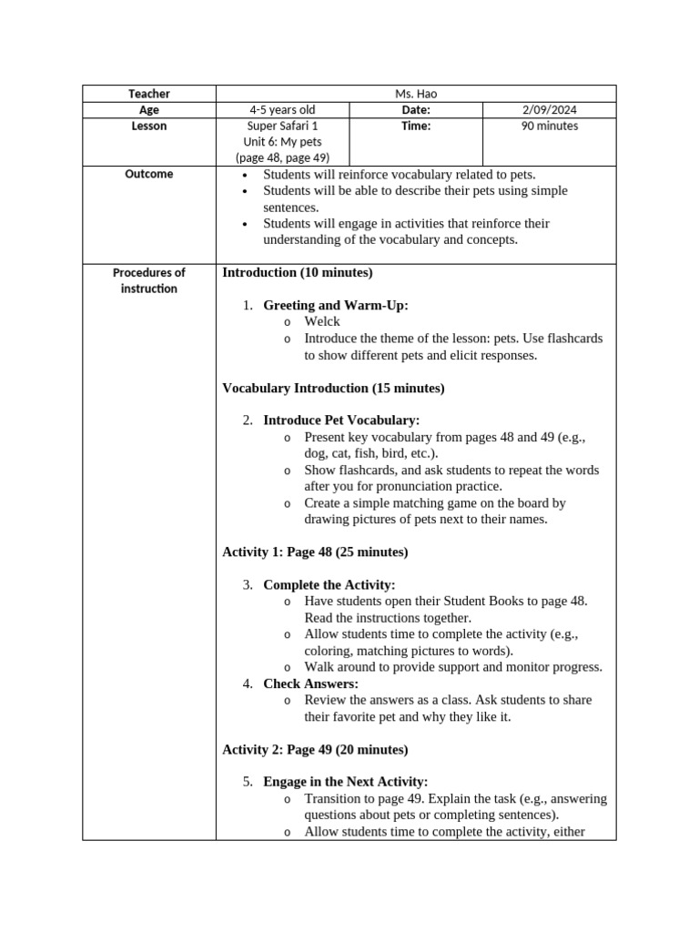 Lesson Plan Safari 1 Page 48 49 Pdf Vocabulary Behavior Modification