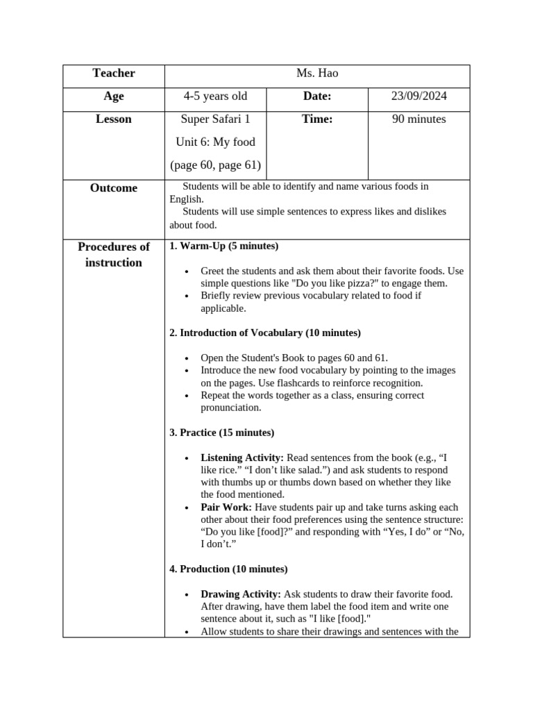 Lesson plan Safari 1 page 60, 61 | PDF | Vocabulary | Lesson Plan