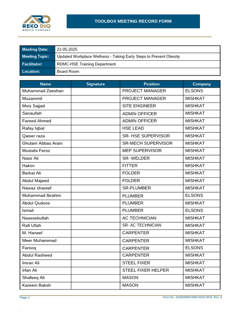 HA01-0015 Tool Box Meeting Attendance | PDF | Pakistan
