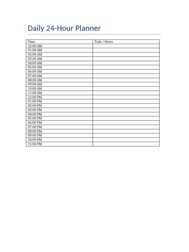 Daily 24-Hour Planner Template | PDF
