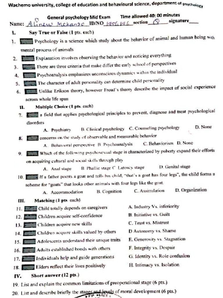 Psychology Midterm Exam 20 (WcU) | PDF