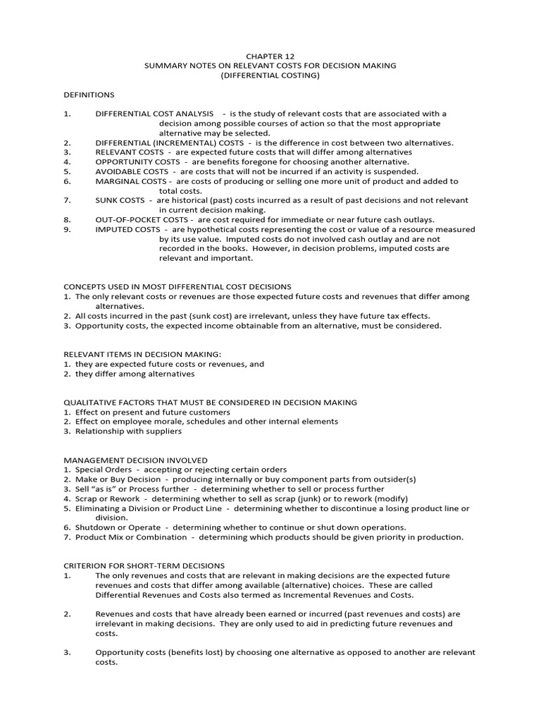 Summary Notes On Relevant Costs in Decision Making | PDF | Opportunity ...