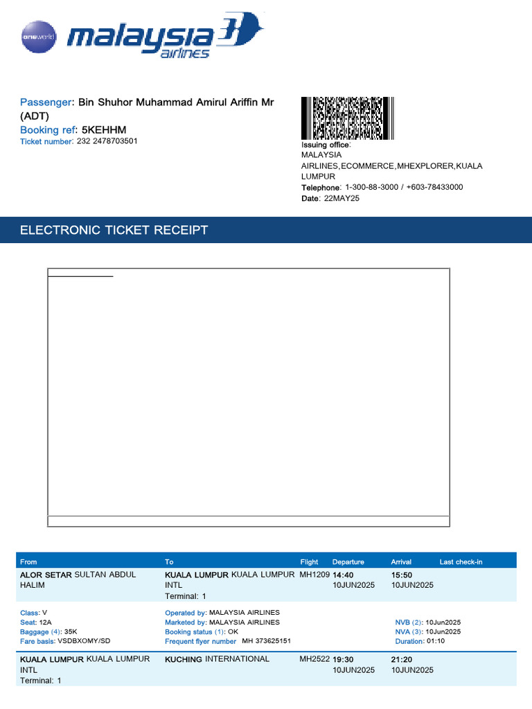 Malaysia Airlines Electronic Ticket Receipt | PDF | Transport | Airlines