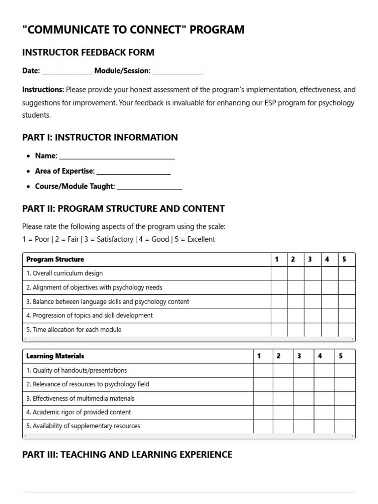 Communicate To Connect - Instructor Feedback Form | PDF | Educational ...