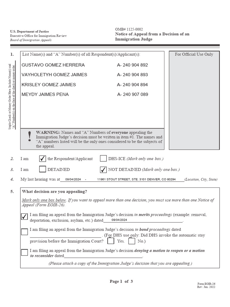 EOIR-26 - Notice of Appeal From A Decision of An Immigration Judge | PDF | Brief (Law) | Justice