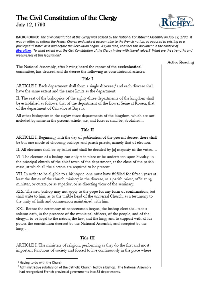 The Civil Constitution of The Clergy | PDF | Bishop | Parish
