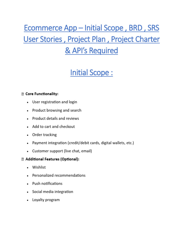 Ecommerce App - Initial Scope, BRD, SRS, Stories, Charter, Plan, API's ...