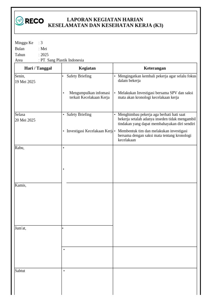 Laporan Harian Dan Mingguan | PDF