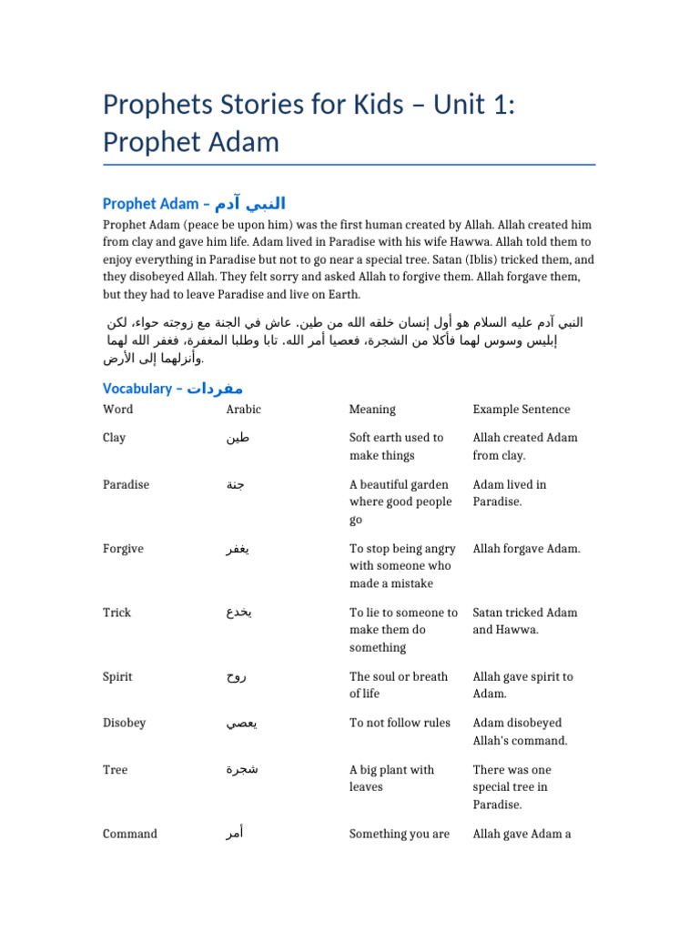 Adam's Story: A Lesson for Kids | PDF | Adam | God In Islam