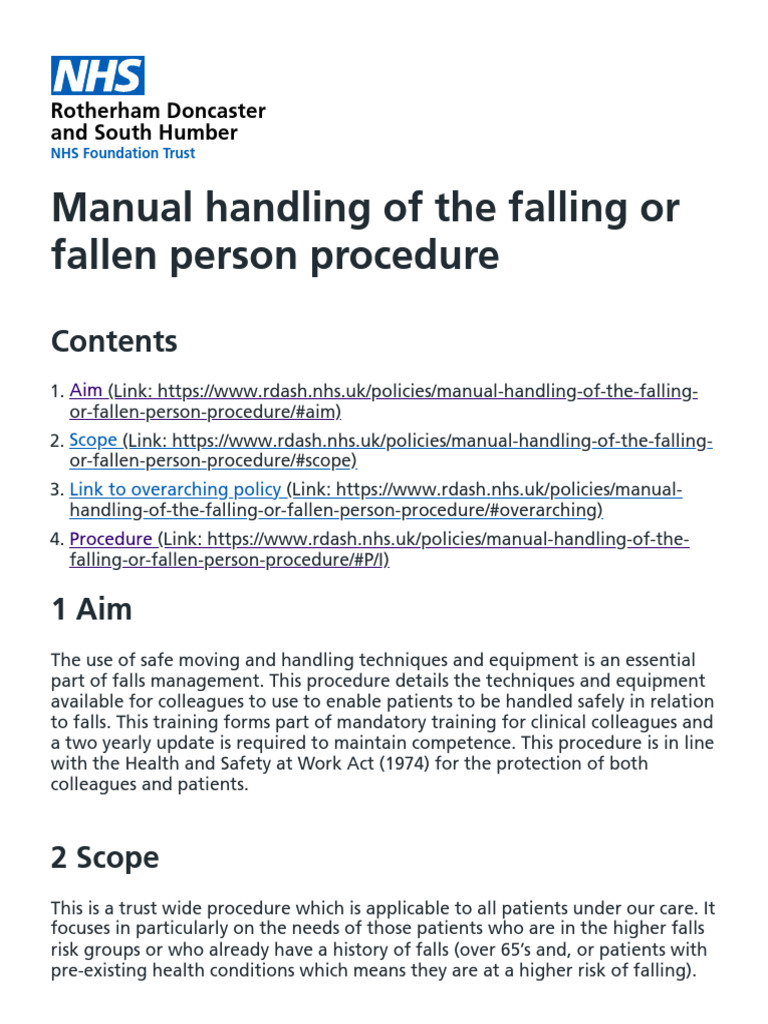 Manual Handling of The Falling or Fallen Person Procedure | PDF ...