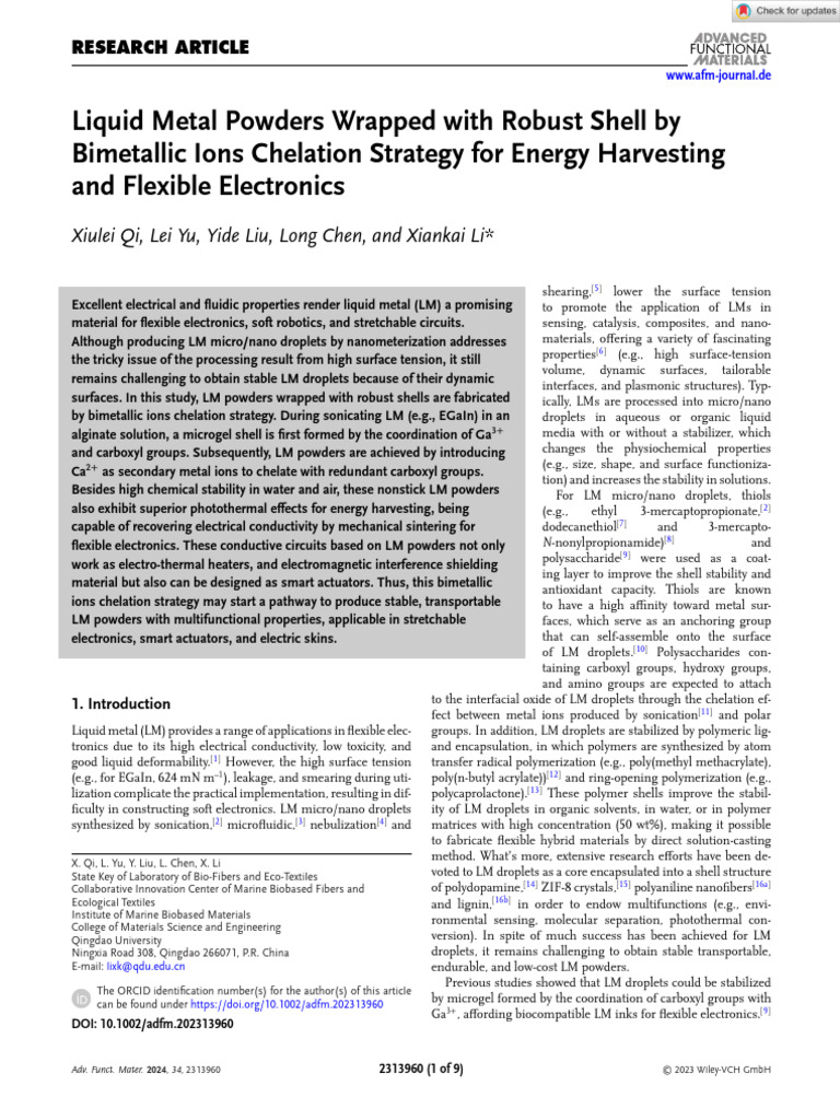 Adv Funct Materials - 2023 - Qi - Liquid Metal Powders Wrapped With Robust Shell by Bimetallic ...