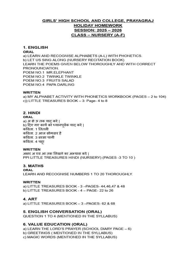 Nursery Holiday Homework 2025 26 | PDF