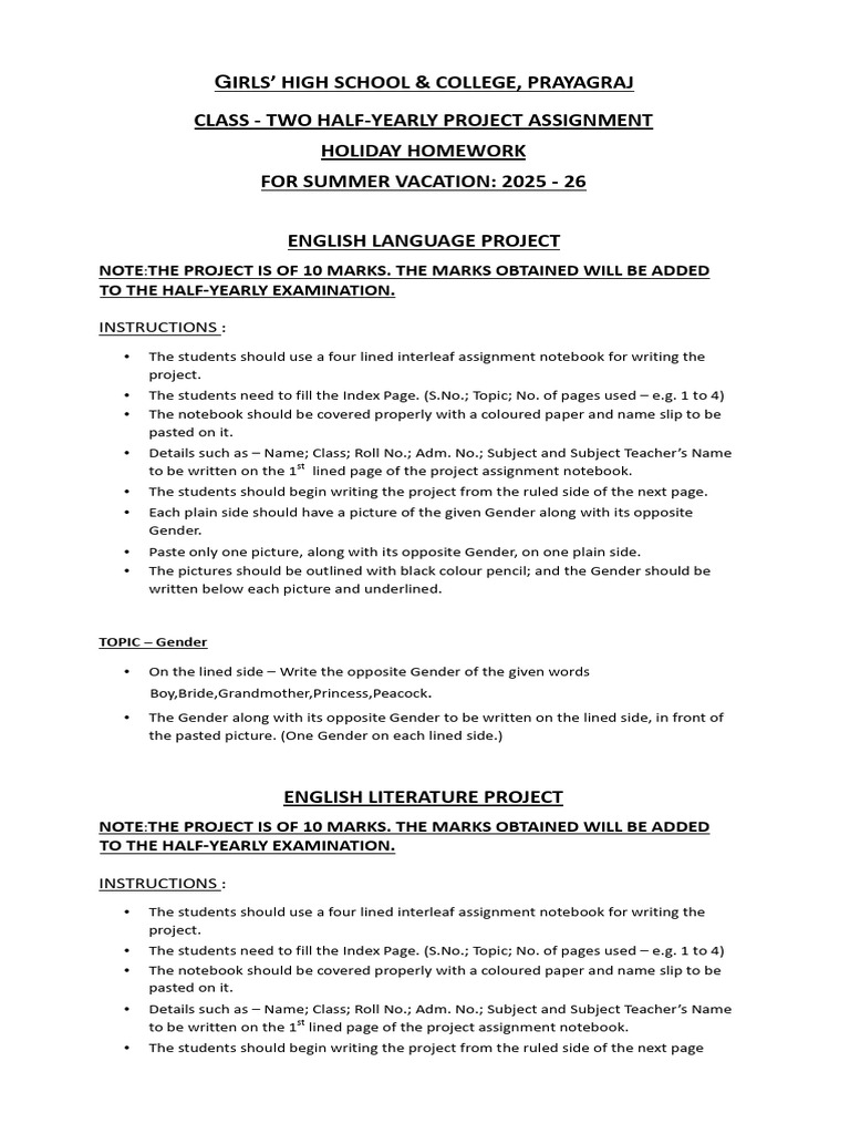 Project Assignment Class 2 Summer Holiday Homework 2025 27 | PDF ...
