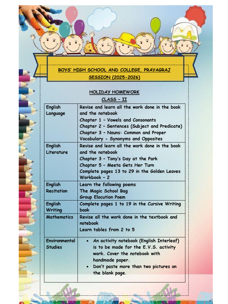 Holiday Homework Class 2 | PDF | English Language | Linguistics