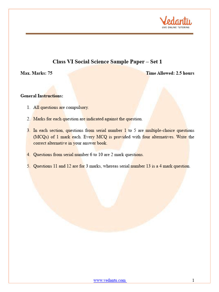 CBSE Class 6 Social Science Sample Paper Set 1 (2024-25) - FREE PDF ...