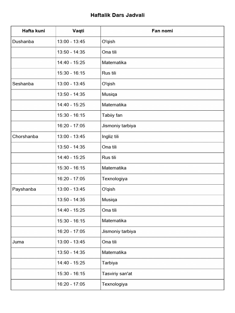 В Word - haftalik - dars - jadvali - jadval - bilan | PDF