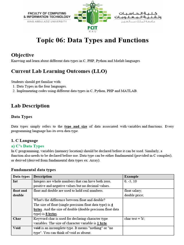CPCS301 Topic6 Data Types and Functions Updated | PDF | Boolean Data ...
