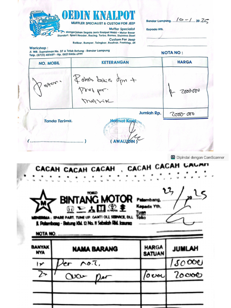 Nota Perbaikan Mobil Operasional | PDF