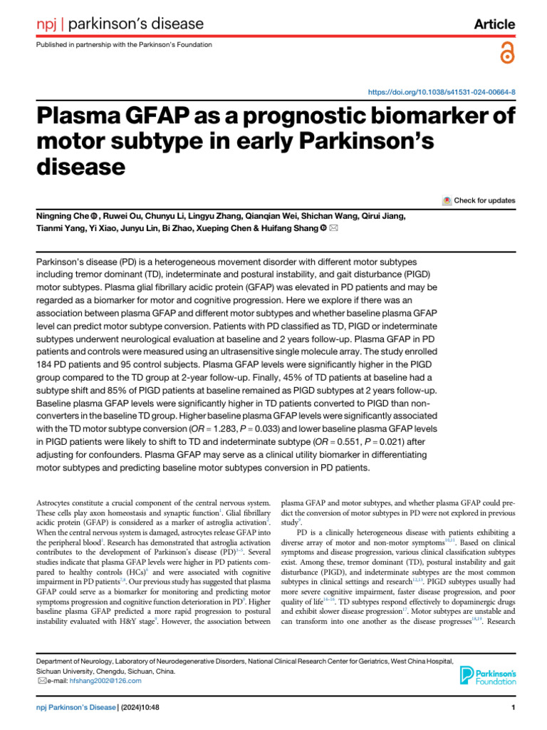 Plasma GFAP As A Prognostic Biomarker of | PDF | Astrocyte | Parkinson's Disease