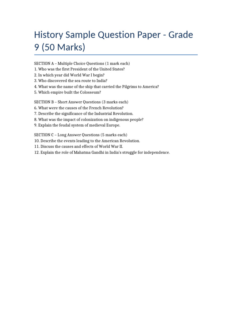 Grade 9 History Sample Questions | PDF